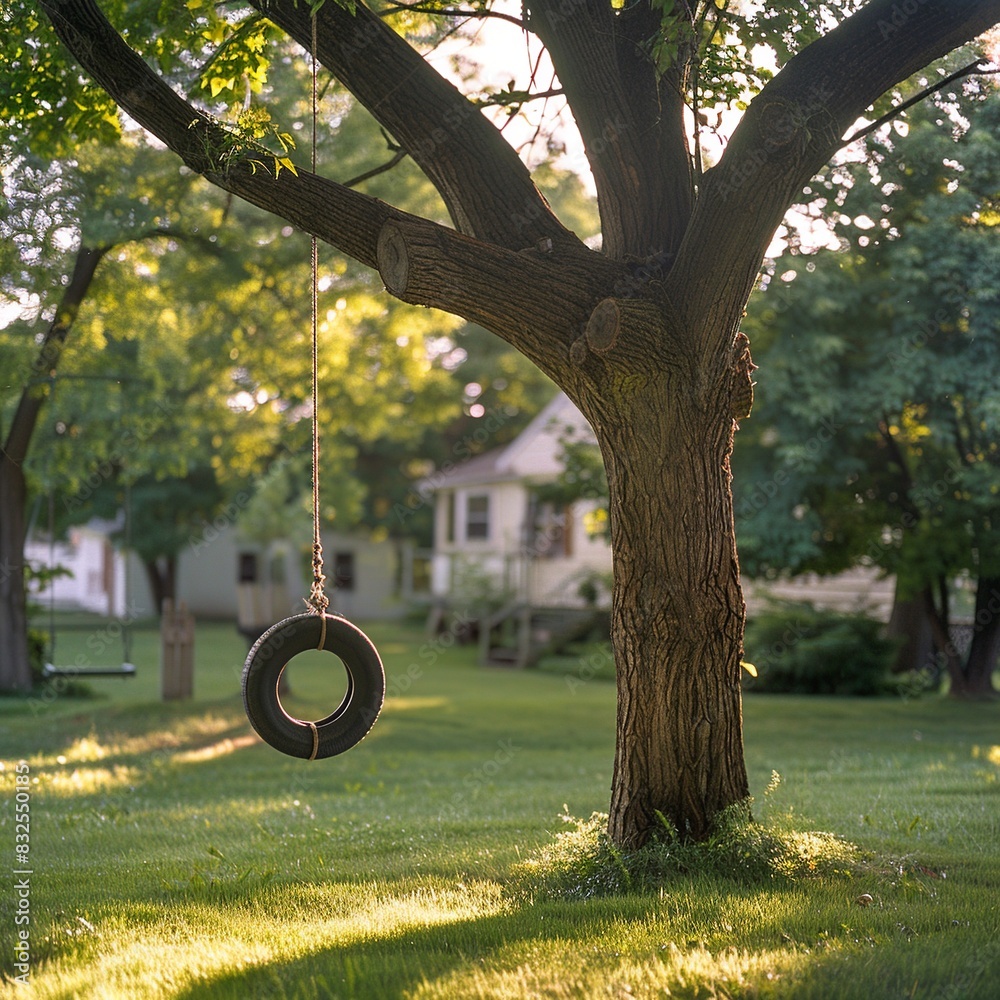 Experience the charm of a rustic tire swing suspended from a sturdy oak ...