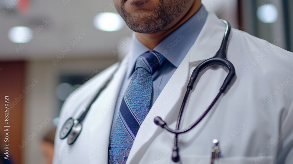 Doctor in Lab Coat and ID Badge: Depict a close-up photo of a doctor ...