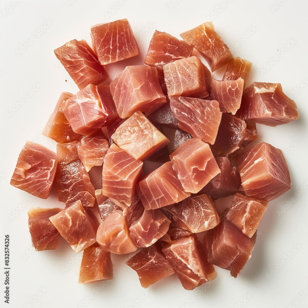 Top view of traditional Icelandic Hakarl fermented shark meat, cut into ...
