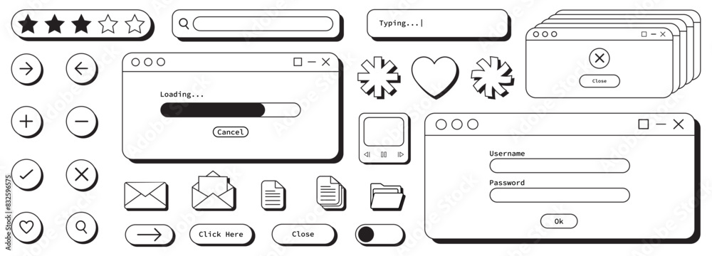Big set of 90s retro vaporwave aesthetics digital screen user interface .80s 90s old computer ...