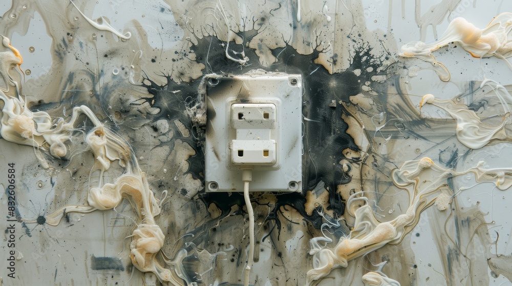 An image of a damaged electrical outlet with scorch marks and exposed ...