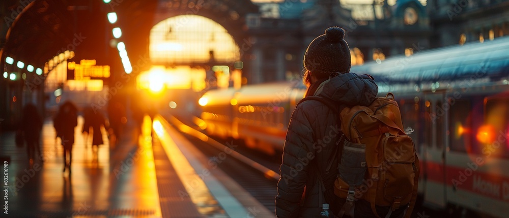 Backpacker in a train station, sunset casting a warm glow, relaxed and ...