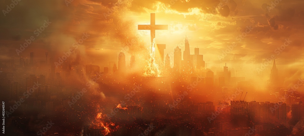 A burning Christian cross is placed against the background of a ...
