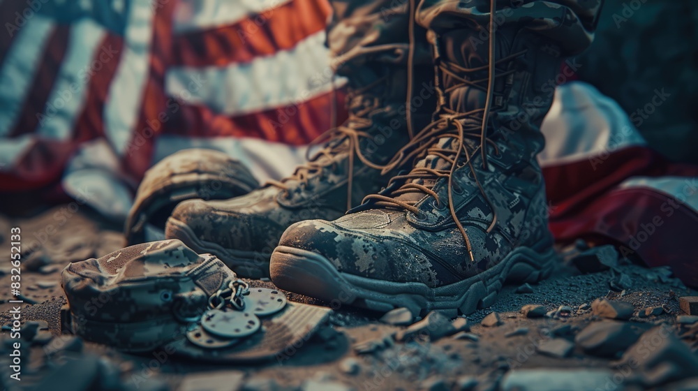 Memorial Day Tribute: Old Army Combat Boots Against American Flag ...