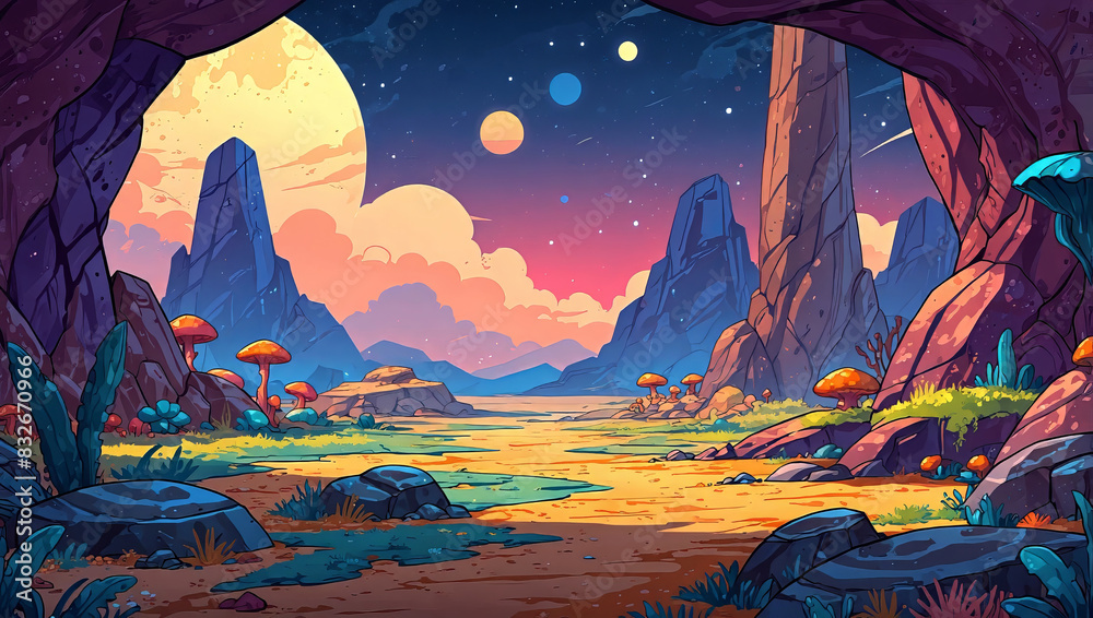 Alien landscape cartoon background with strange terrain and creatures ...