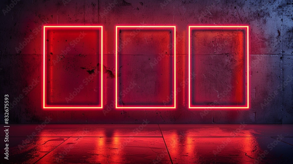 Three red neon light glowing blank picture frames on dark concrete wall ...