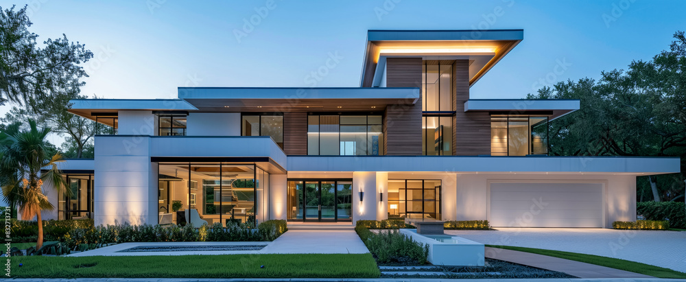 Modern luxury mansion with contemporary architecture and lighting Stock ...