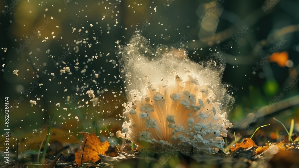High-resolution image of a puffball mushroom bursting, sending a plume ...