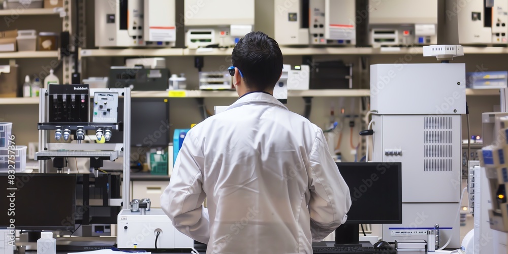 Researcher in the lab, back view, calibrating laboratory equipment ...