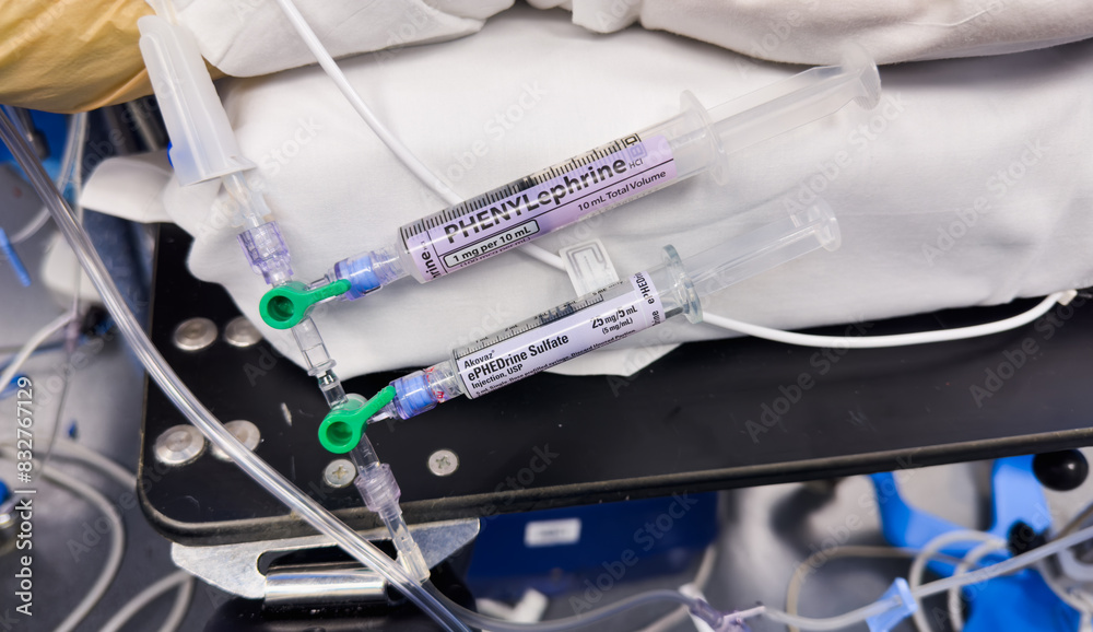medical syringes with anesthetic drugs - propofol, midazolam, fentanyl ...