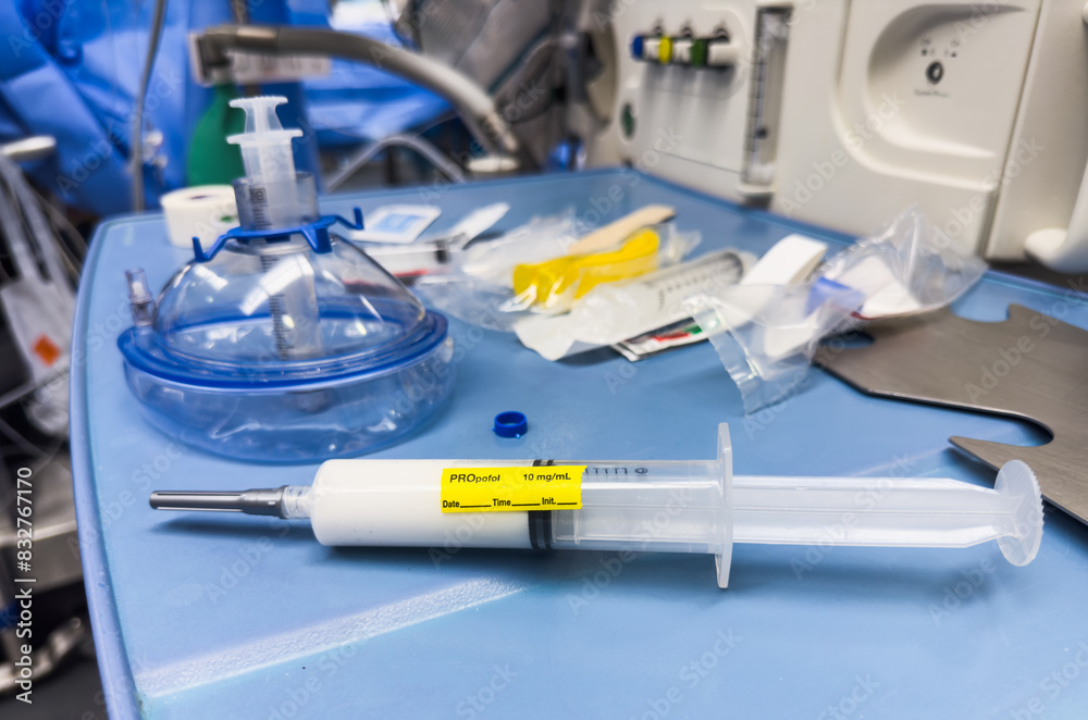 medical syringes with anesthetic drugs - propofol, midazolam, fentanyl ...