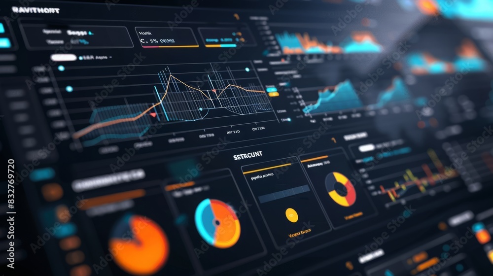 Computer screen showing multiple graphs and charts depicting data analysis and trends. Stock ...
