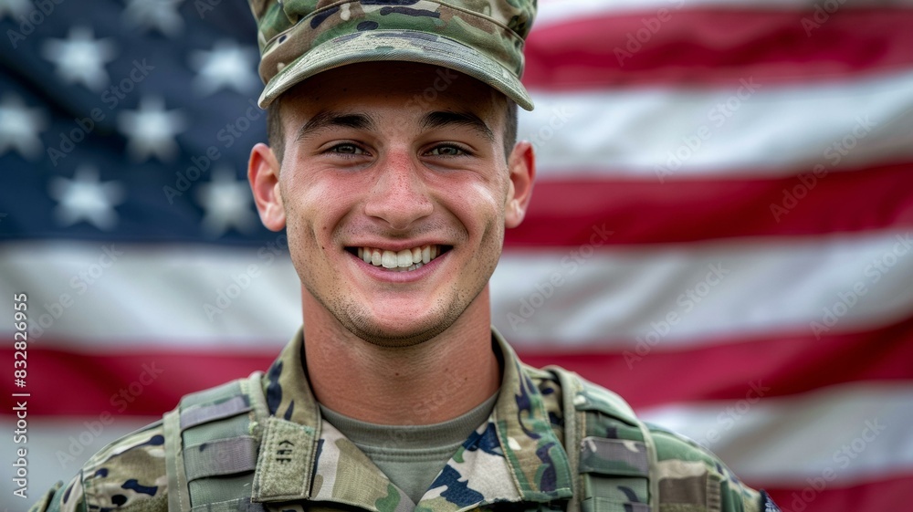 Smiling young male soldier smiles confidently in front of an American ...