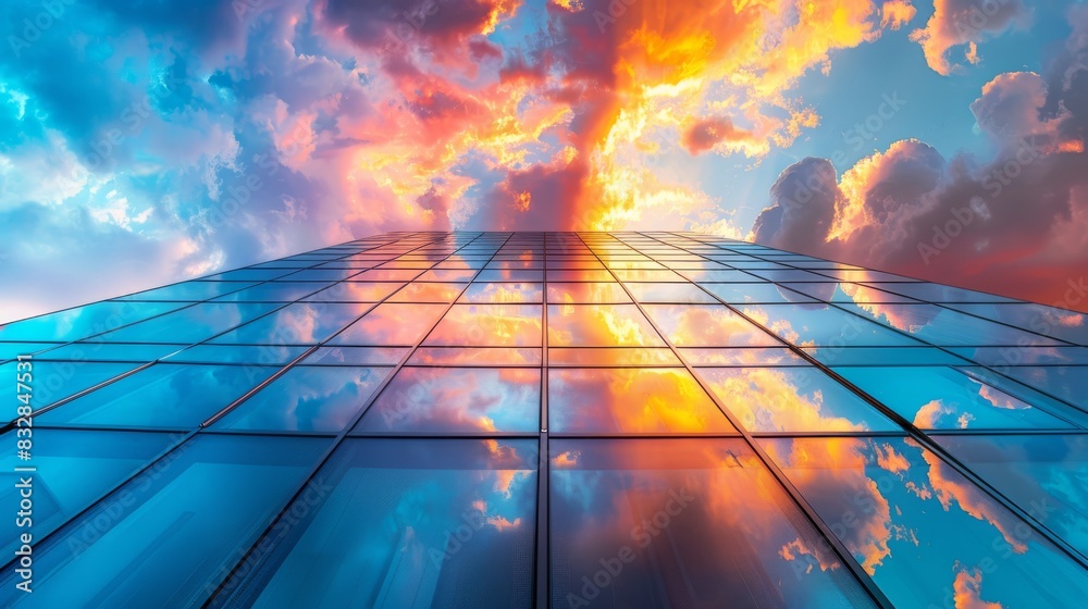 Skyscraper Reflection at Vibrant Sunset. Glass skyscraper reflecting a ...