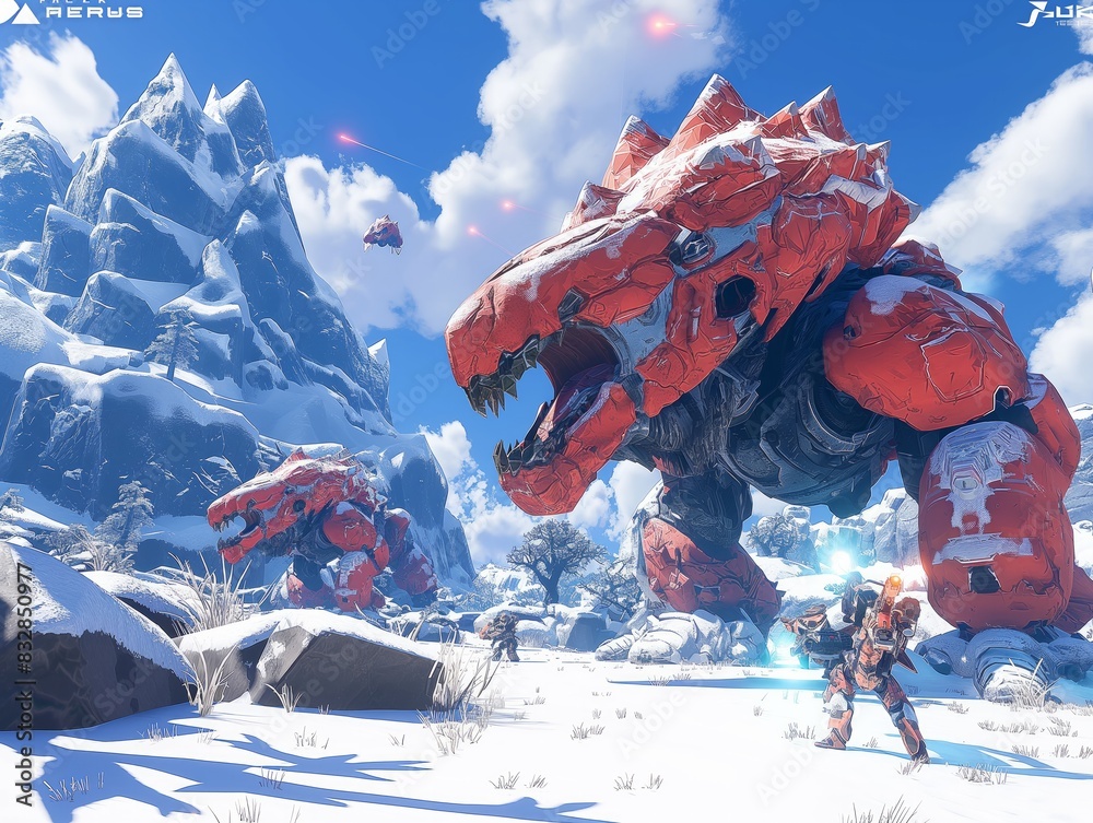 A red monster is attacking a group of people in a snowy mountain. The ...