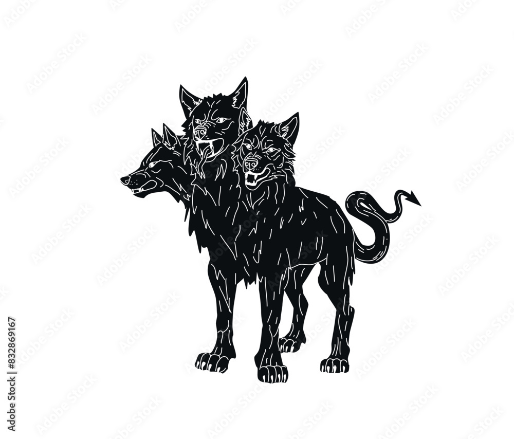 Cerberus vector illustration. Multi-headed dog. Mythical creature. A ...
