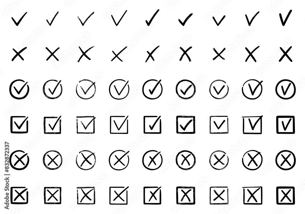 Vector de Stock Check marks doodle set. Checkbox, checklist, tick and cross signs, v and x in ...