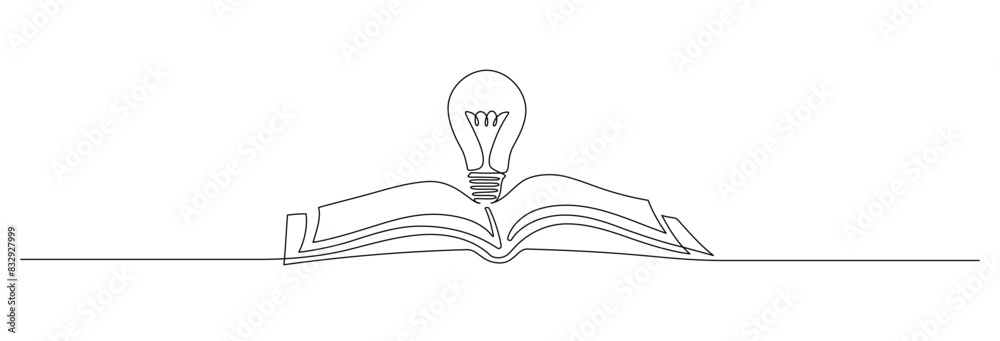 One continuous line drawing of light bulb above book. Knowledge and ...