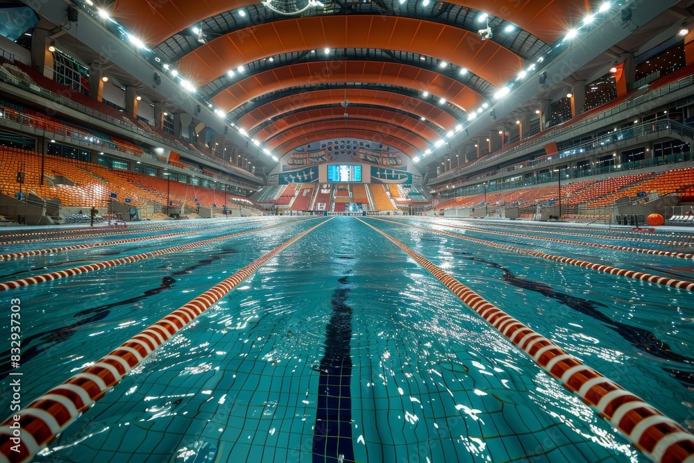An interior shot of an Olympic-sized swimming pool in a sports complex ...