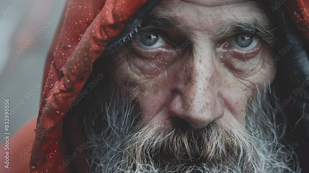 Homeless man staring into the camera on a rainy day, looking defeated ...