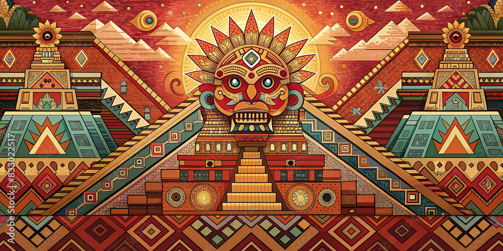 Aztec temple background with vibrant colors, detailed geometric ...