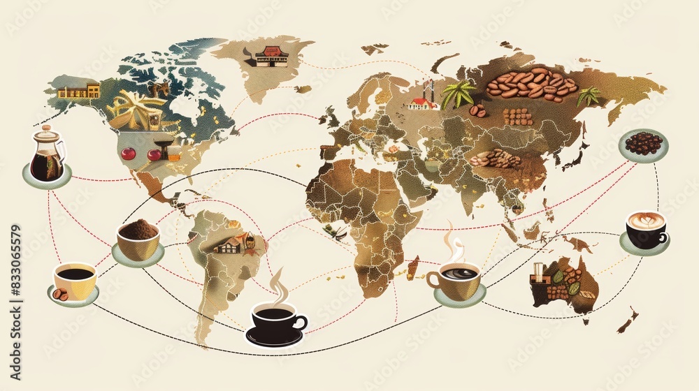 A world map with lines connecting coffee-growing regions to diverse ...