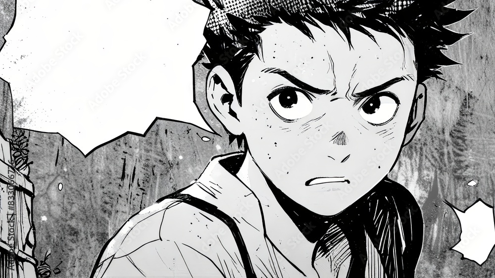 Angry boy, passionate Manga style anime illustration, black and white ...