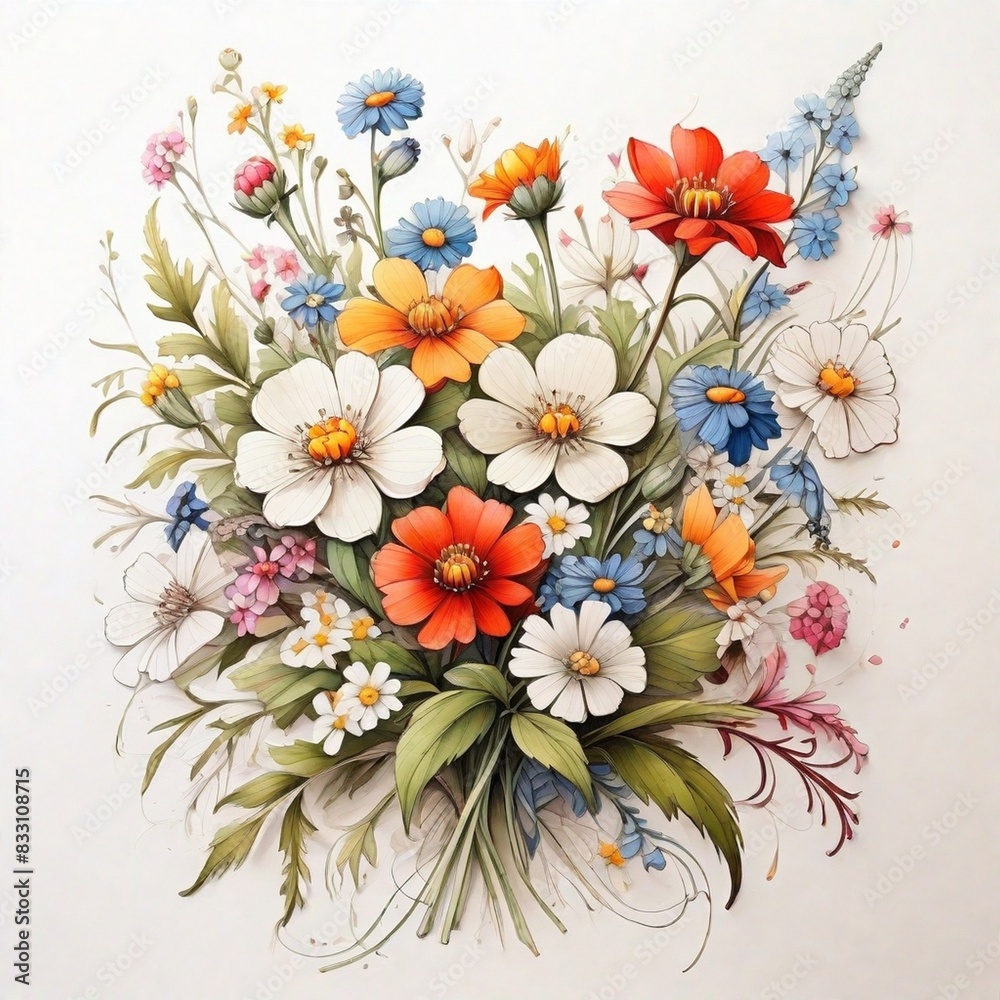 Blooming bouquet of wild flowers drawing art isolated on white ...