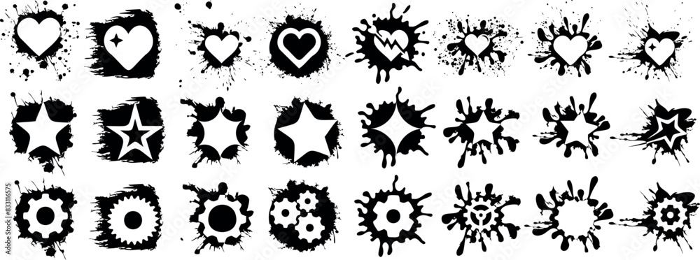 Grunge heart gear and star splatter icon set, black and white, various ...