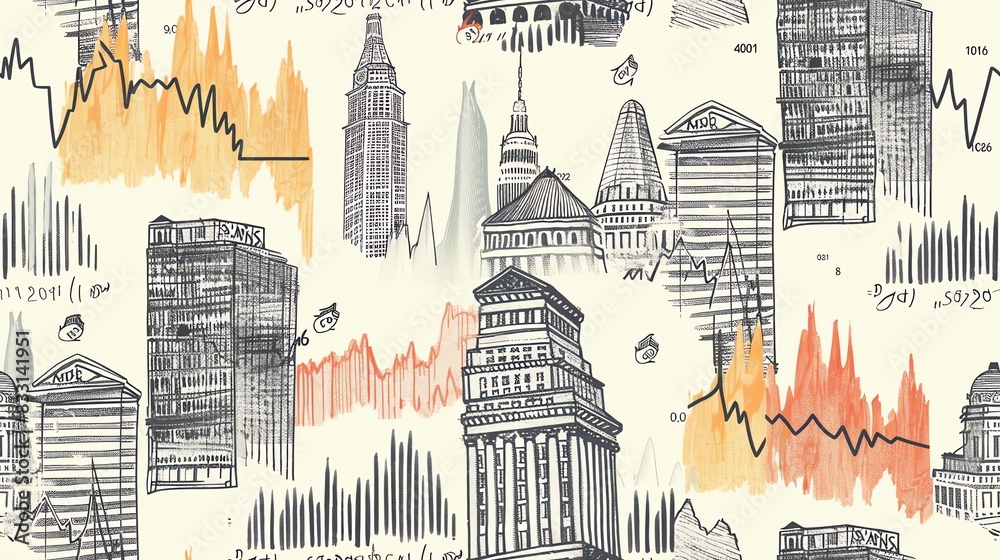 Seamless pattern of hand-drawn stock exchange buildings and fluctuating ...