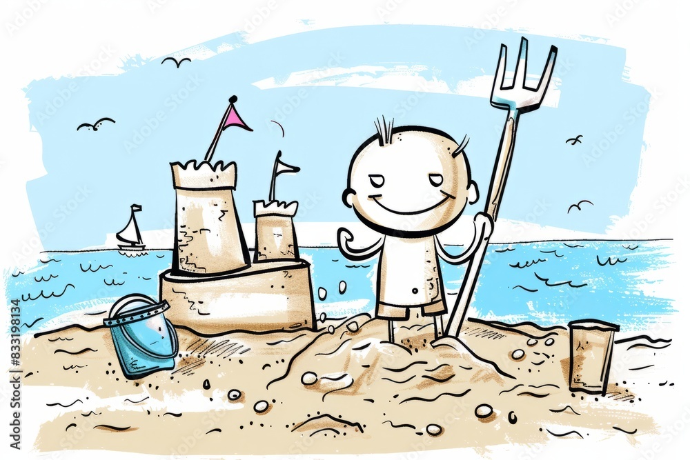 Cartoon cute doodles of a stickman building a sandcastle with a shovel ...