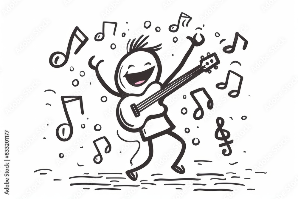 Cartoon cute doodles of a stickman playing guitar with a smile and ...