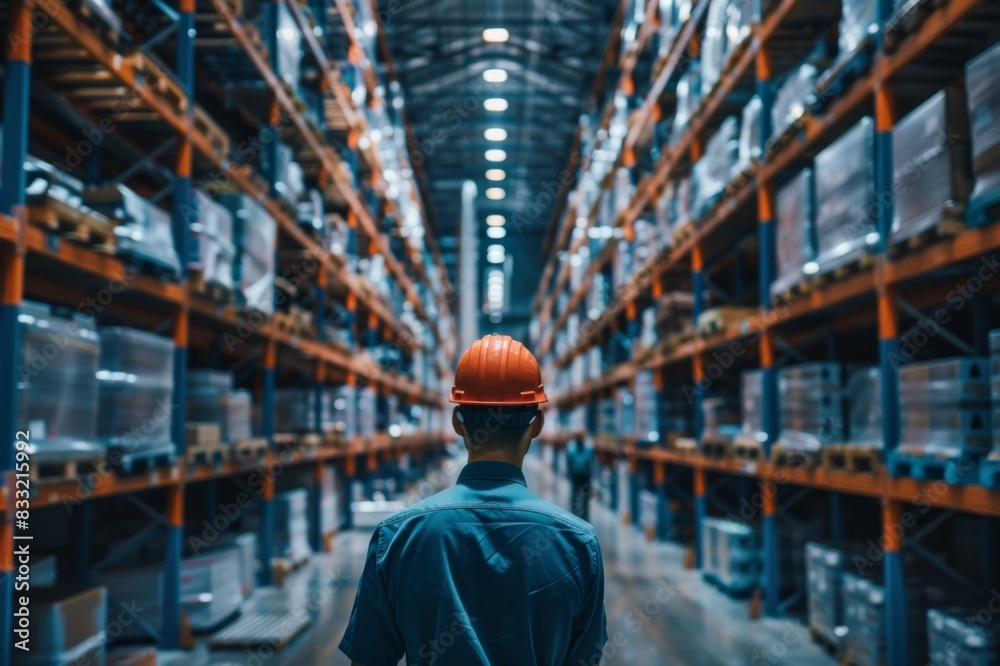 Supply chain manager tracking inventory. Rear view of warehouse worker ...
