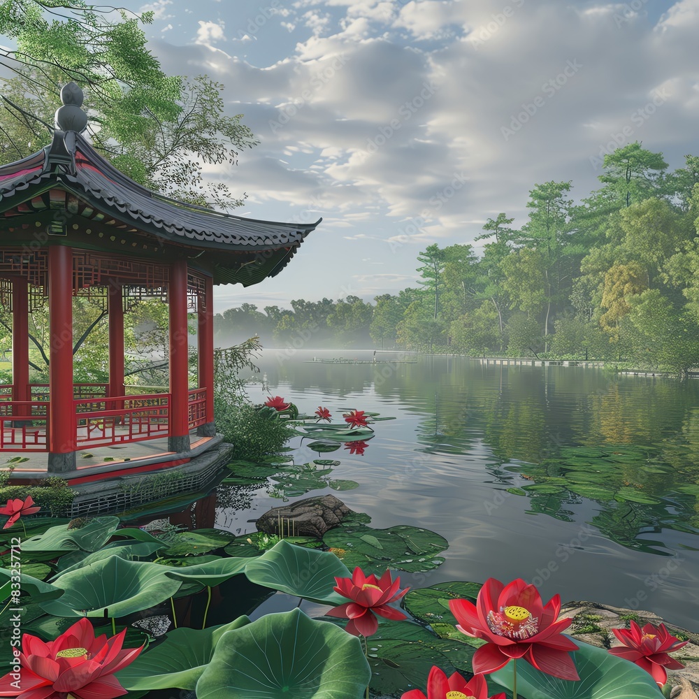 Red lotus pavilion by a serene lake, side view, representing peace and ...