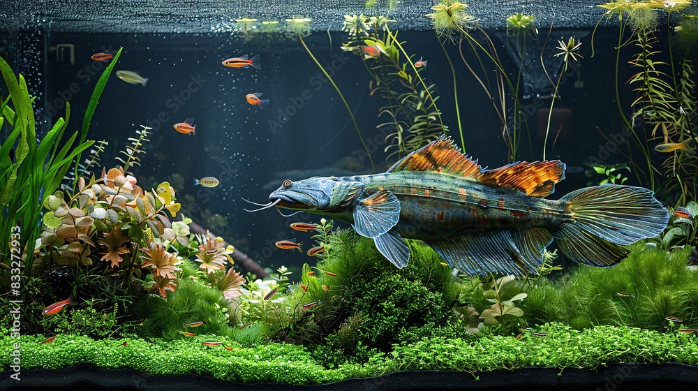 Sea monster in a large aquarium, swimming among fish and aquatic plants ...