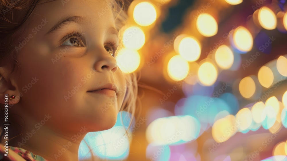 A smiling little girl gazes up at the ferris wheel with wonder, her ...