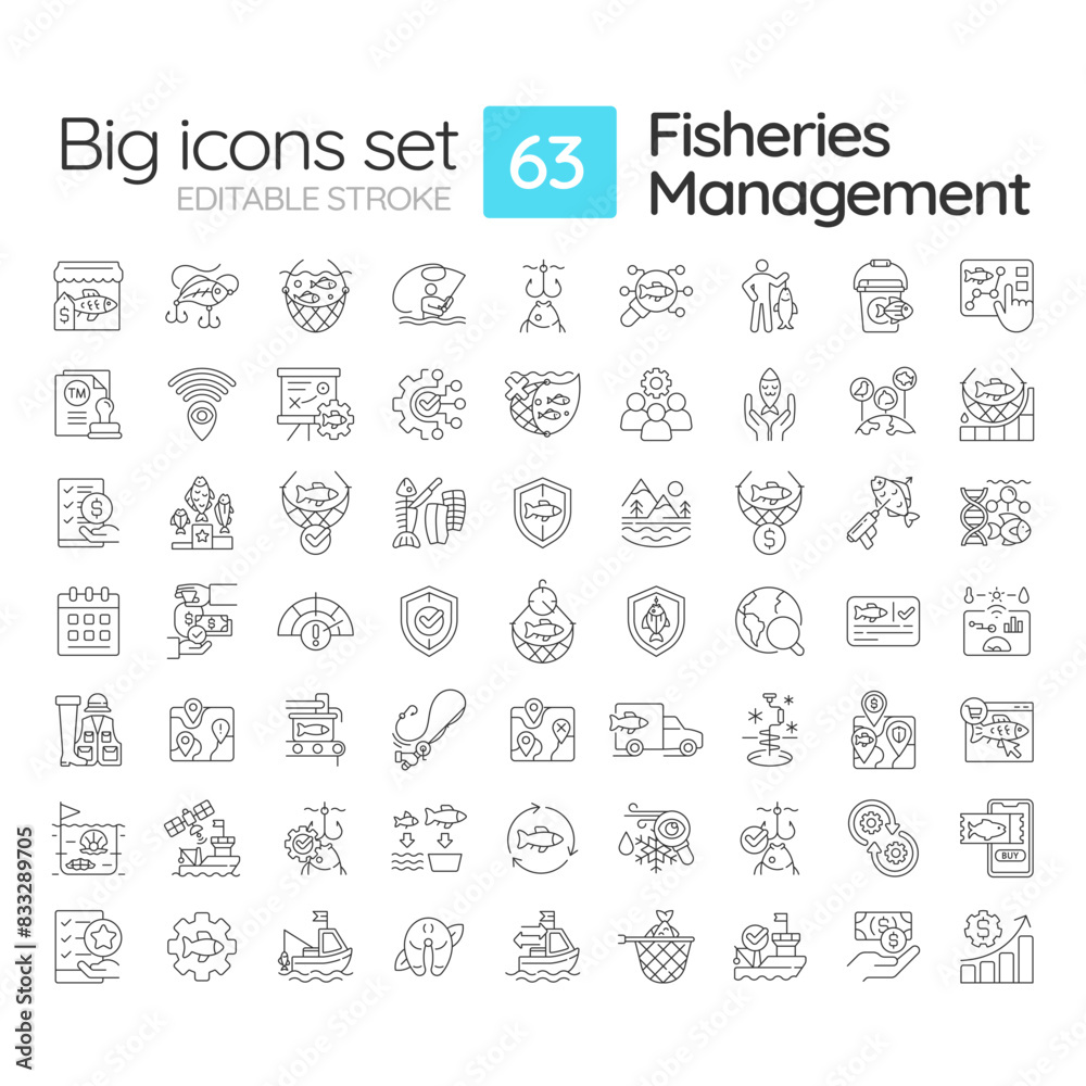 Fisheries management linear icons set. Fishing license, ecosystem ...