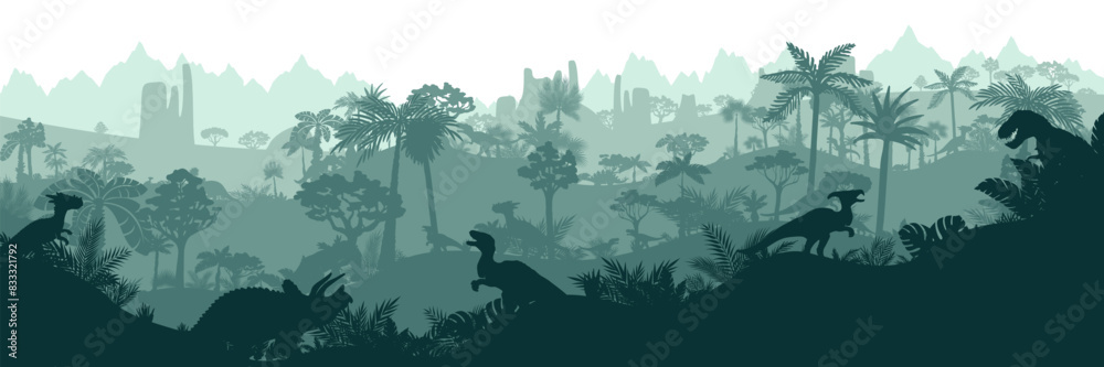 Dinosaur jungle background. Layered landscape with prehistoric ...
