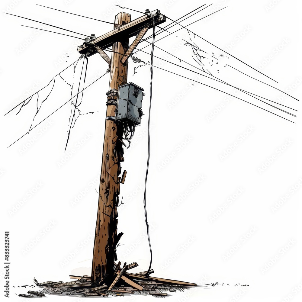 A detailed of a broken utility pole, showing the splintered base and ...