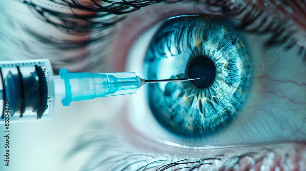 Syringe and blue eye. blue light theme background. ads clinic treatment ...