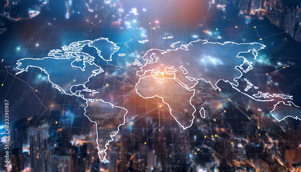 a digital representation of a world map overlayed on a cityscape. The ...