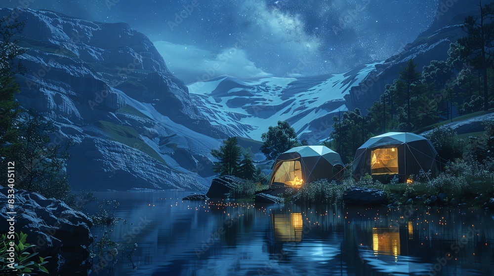 futuristic camping site by a serene lake, advanced technology tents ...
