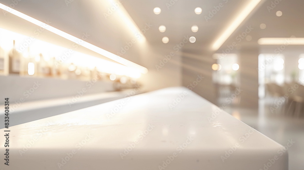 Empty white wooden bar counter, presented in the style of blurred forms ...