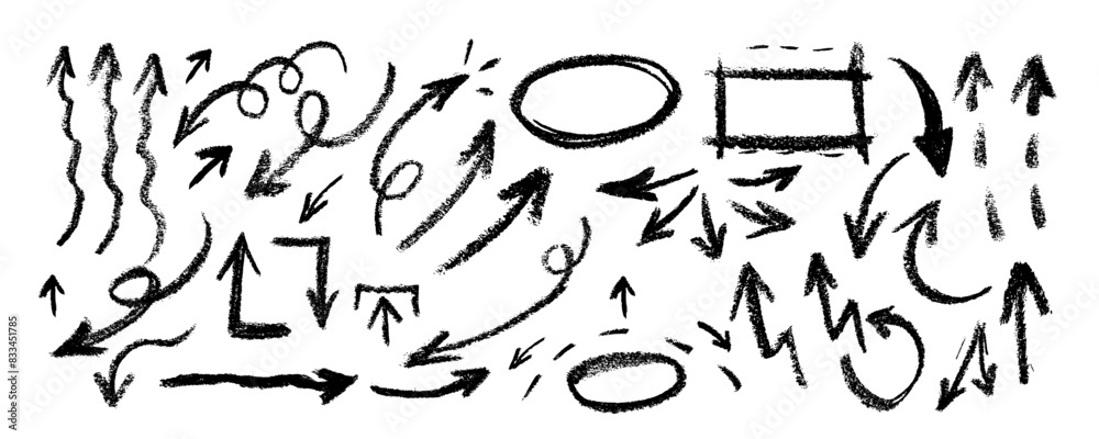 Group of chalked arrows and frames. Hand drawn black charcoal symbols ...
