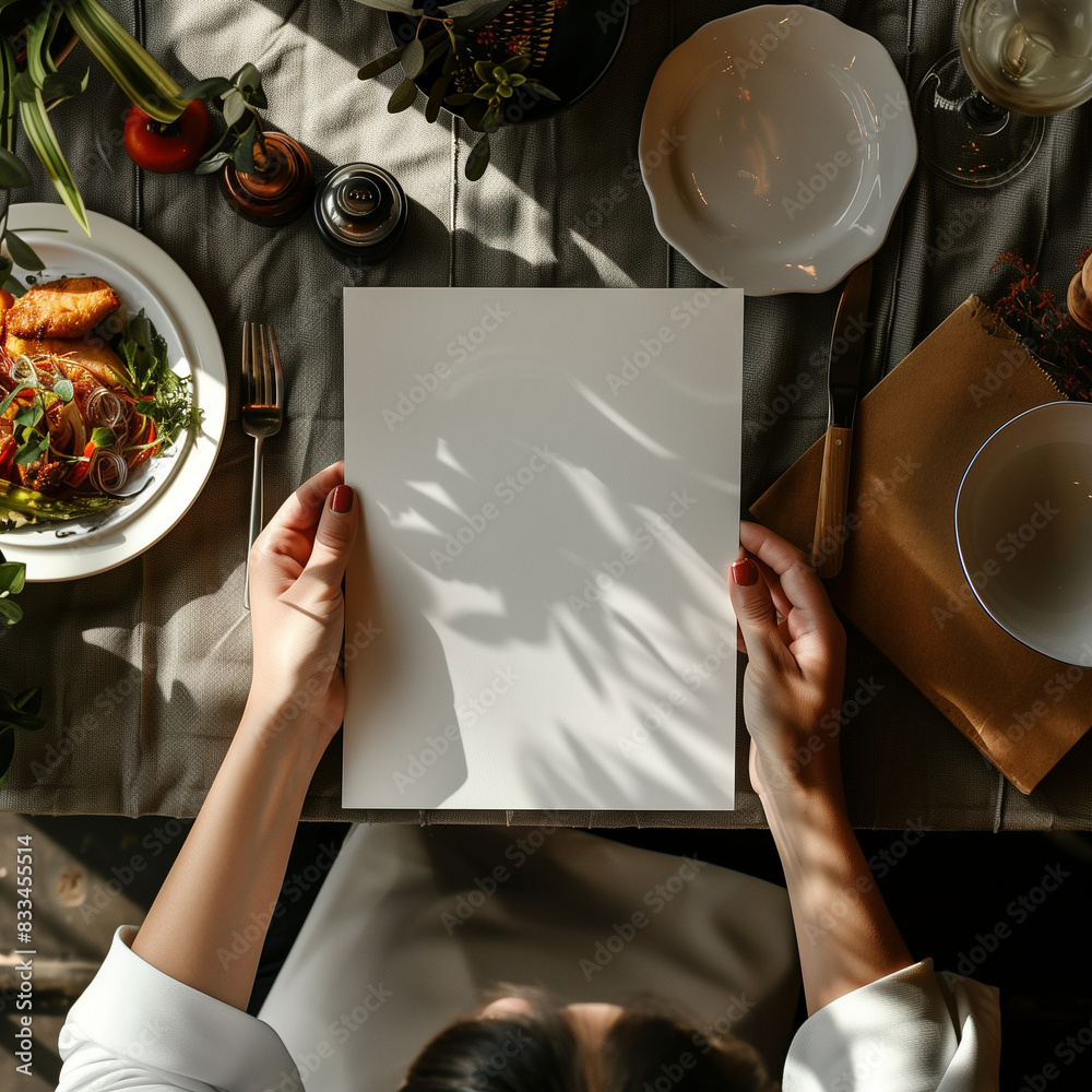 POV view, front views, blank menu, restaurant menu in the woman hands ...