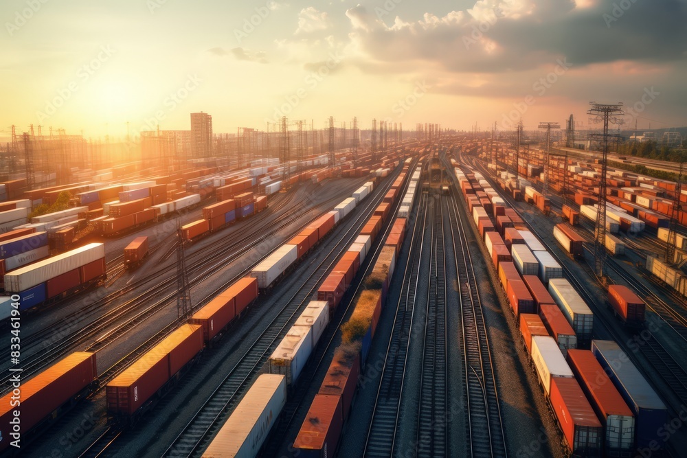 Freight trains with cargo containers. Global business of Container Cargo freight train. Rail ...