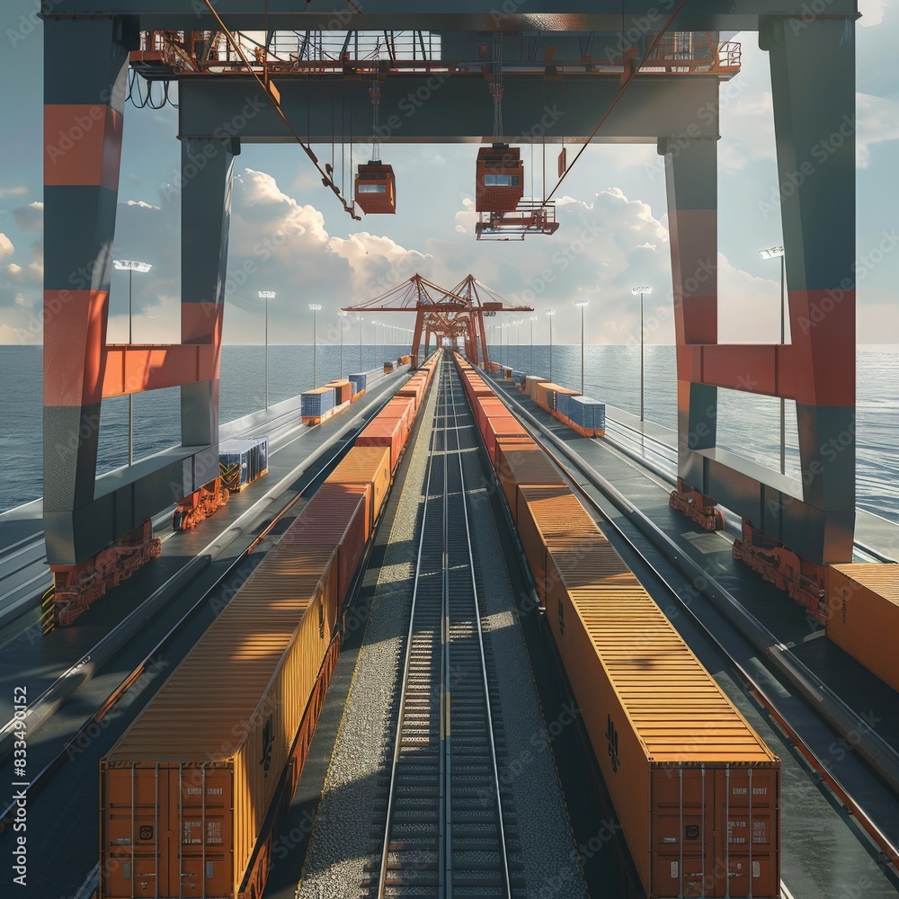 Containers being transferred between ships and trains at an intermodal ...