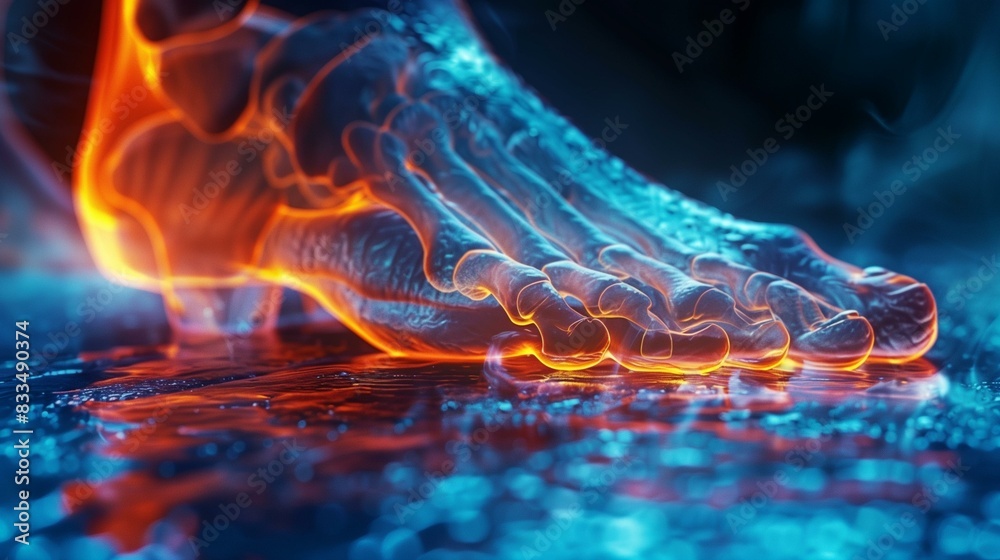 foot pain blue translucent foot stepping on cracked ice with flames ...