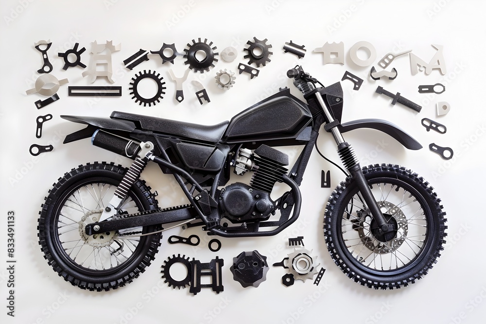 Exploded View of Motorcycle Model Parts with Technical Tools and ...