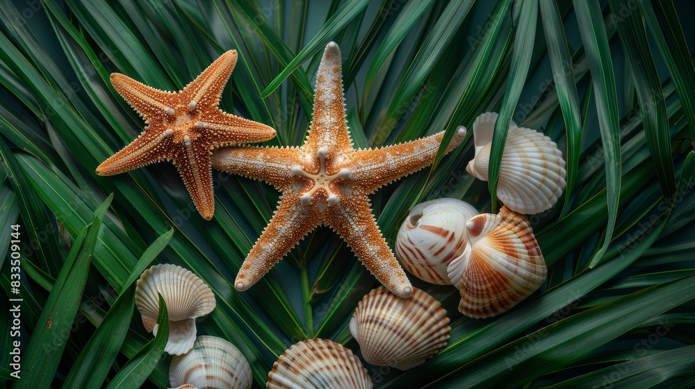 The photo shows starfish and seashells nestled among palm leaves on a ...